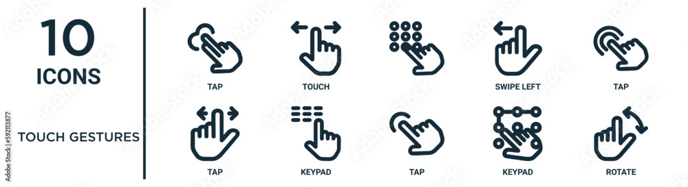 touch gestures outline icon set includes thin line tap, , tap, keypad ...