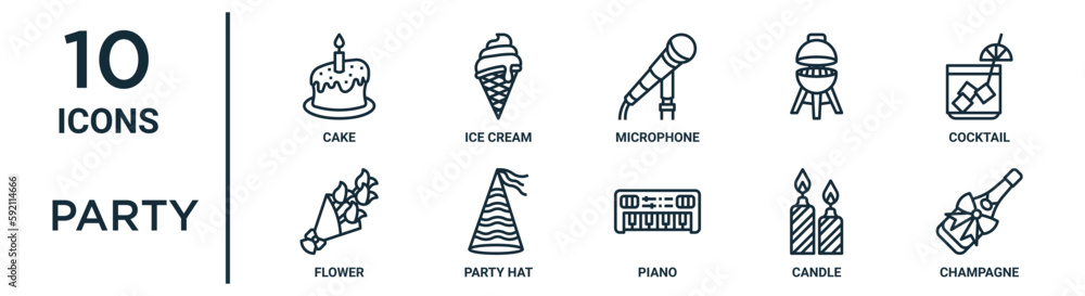 party outline icon set includes thin line cake, microphone, cocktail ...