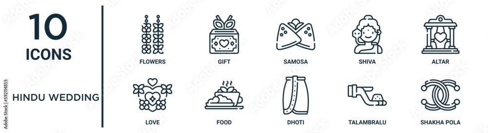 Vetor de hindu wedding outline icon set includes thin line flowers ...