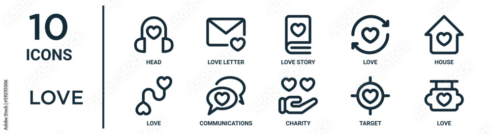 love outline icon set includes thin line head, love story, house ...