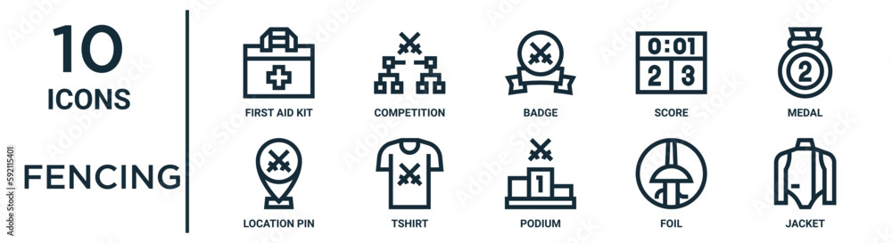 fencing outline icon set includes thin line first aid kit, badge, medal ...