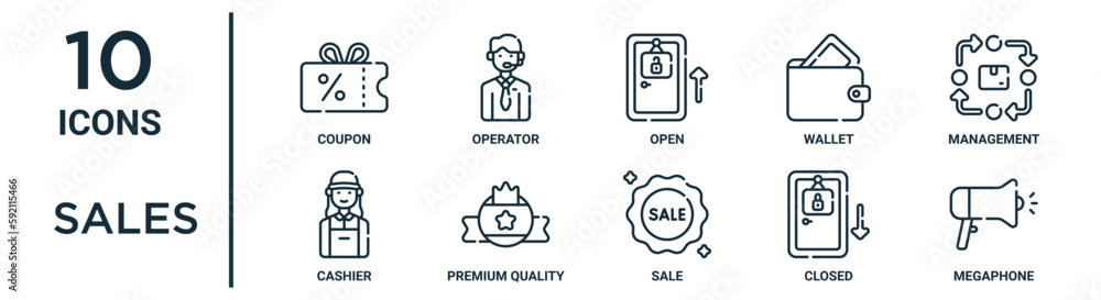 sales outline icon set includes thin line coupon, open, management ...