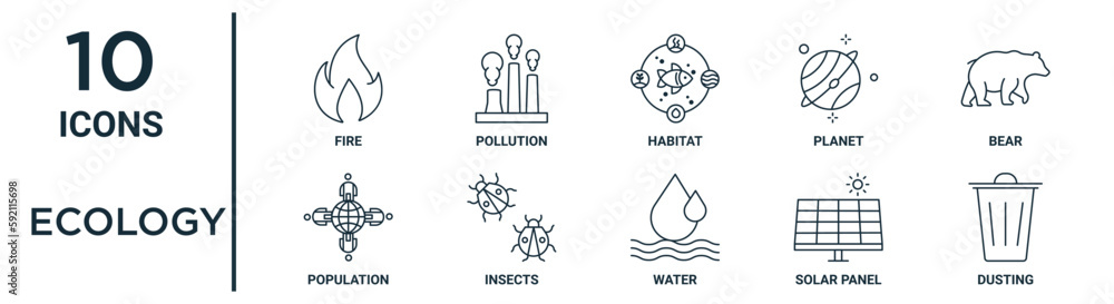 ecology outline icon set includes thin line fire, habitat, bear ...