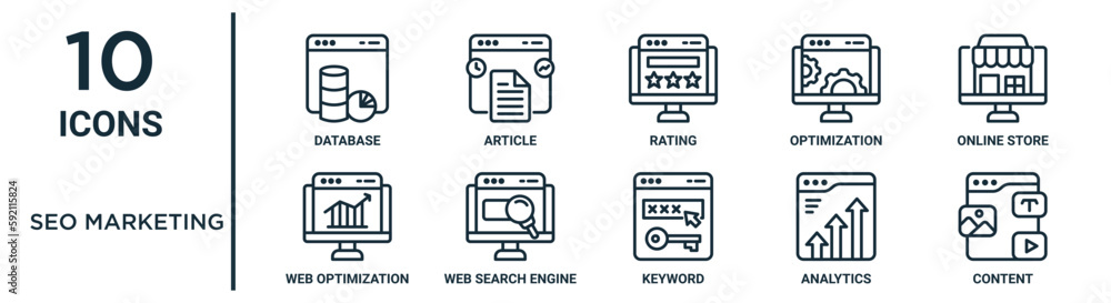 seo marketing outline icon set includes thin line database, rating ...