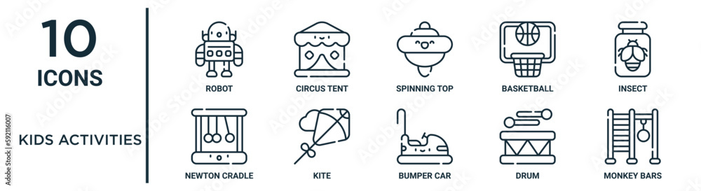 kids activities outline icon set includes thin line robot, spinning top ...