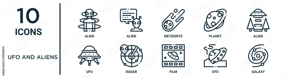 ufo and aliens outline icon set includes thin line alien, meteorite ...