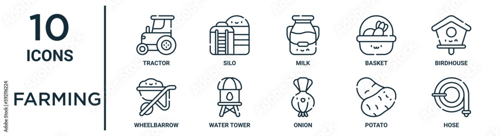 farming outline icon set includes thin line tractor, milk, birdhouse ...