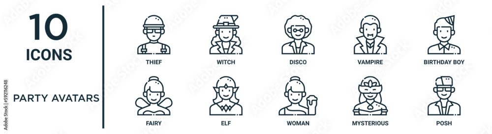 party avatars outline icon set includes thin line thief, disco ...