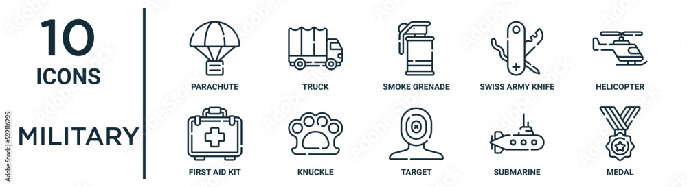 military outline icon set includes thin line parachute, smoke grenade ...