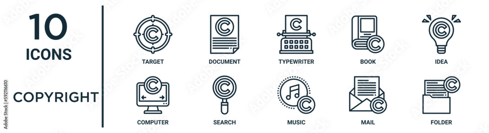 copyright outline icon set includes thin line target, typewriter, idea ...