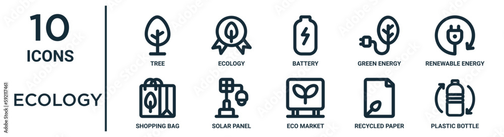 ecology outline icon set includes thin line tree, battery, renewable ...