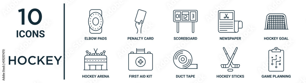 hockey outline icon set includes thin line elbow pads, scoreboard ...