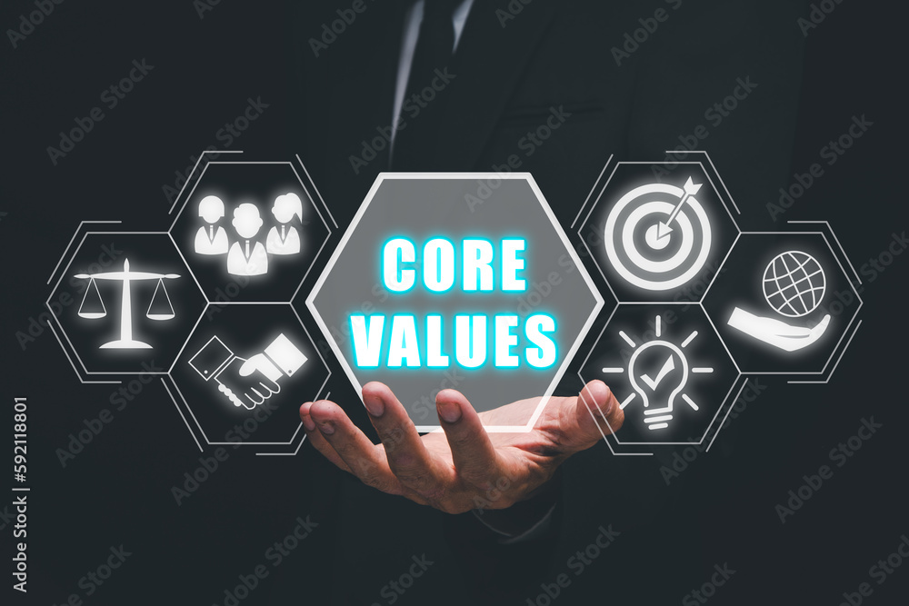 Core values, corporate values concept, Businessman hand holding core ...