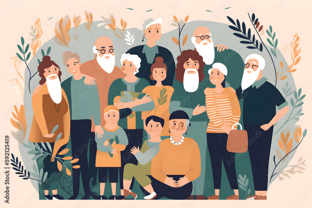 Flat vector illustration Big family, portrait and kids hugging costa ...