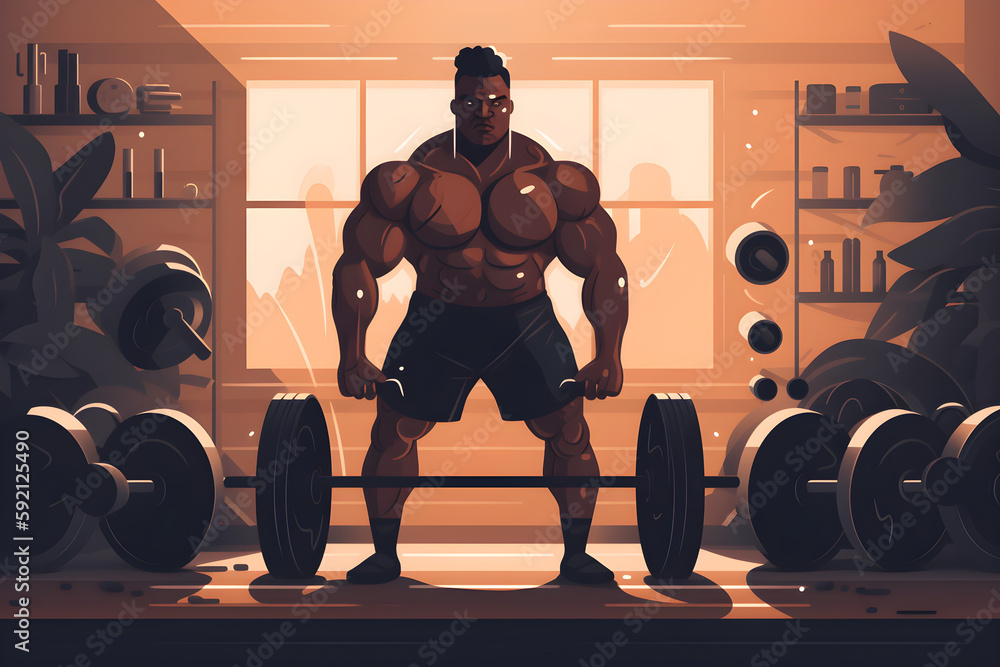 Flat vector illustration Black man with a row of dumbbells and training ...