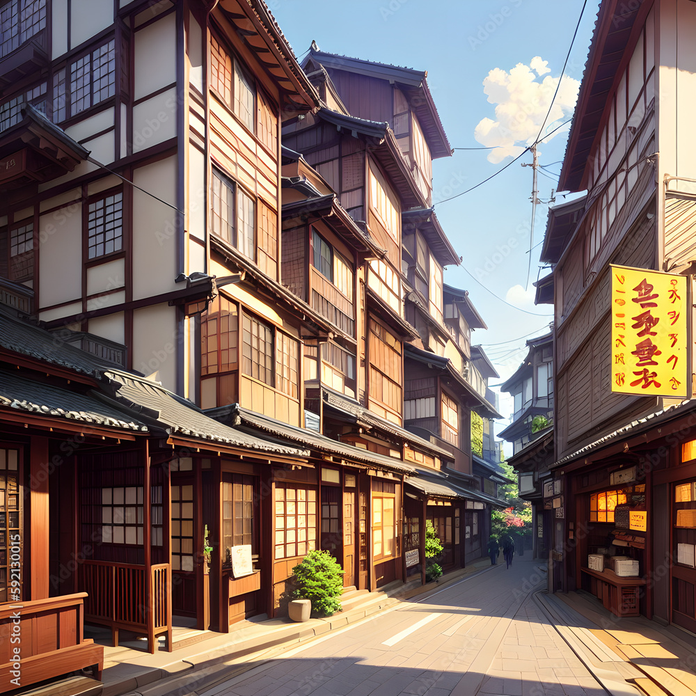 Japanese Print Traditional building street scene art print ink and cg ...