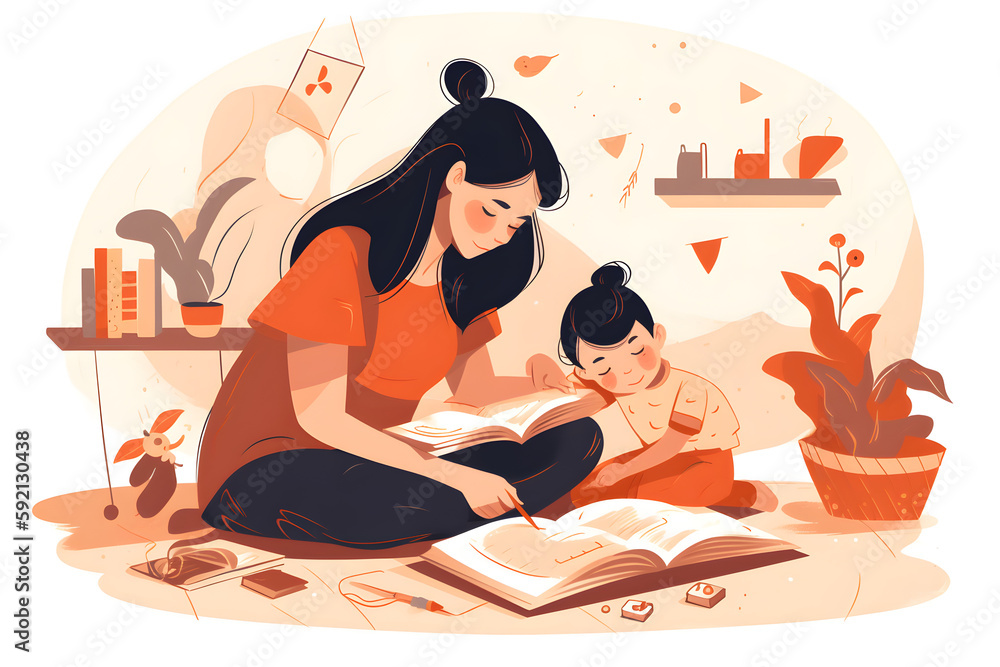 Flat vector illustration Educational, mother or child writing for ...