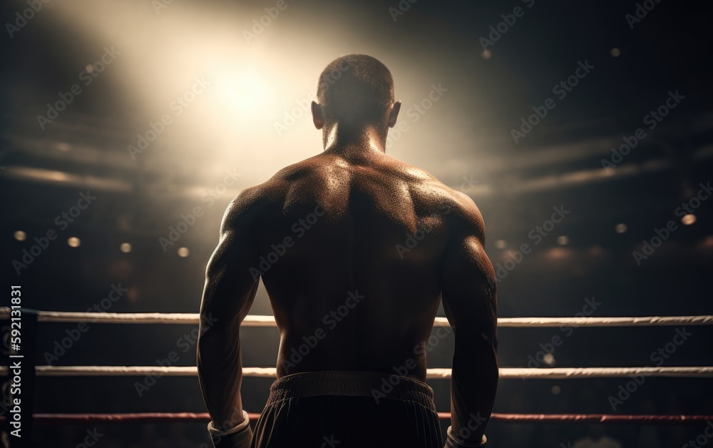 Boxing champion standing on arena. Rear view of shirtless man in boxing ...