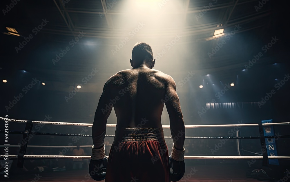 Boxing champion standing on arena. Rear view of shirtless man in boxing ...
