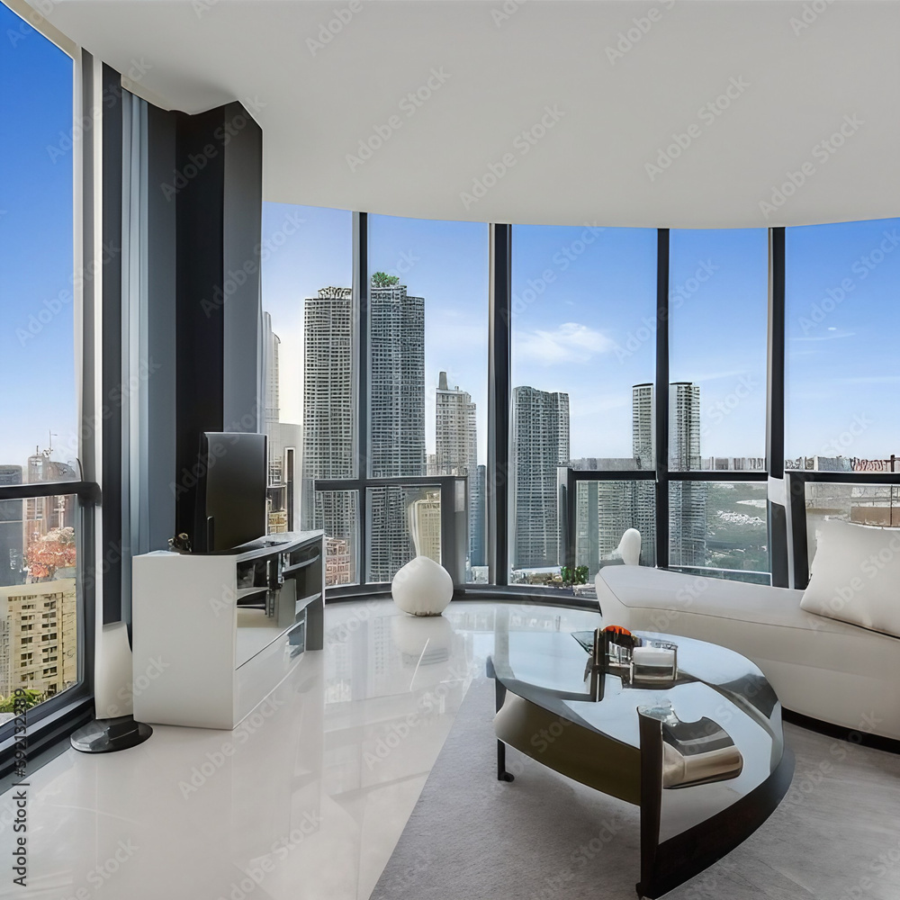 Modern office interior with table at high rise building ai generated ...