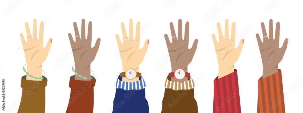 Vetor de Group raised human arms and hands. Human hand raised up, black ...