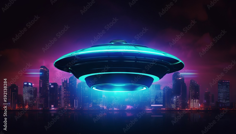 image of an illuminated UFO spaceship hovering over a dark city skyline ...