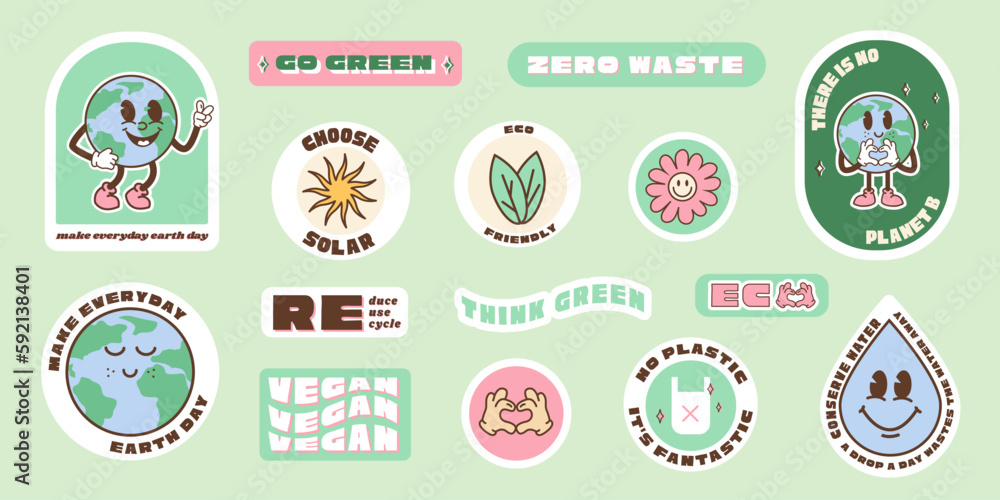Save the planet stickers in trendy retro cartoon style. Sticker pack ...
