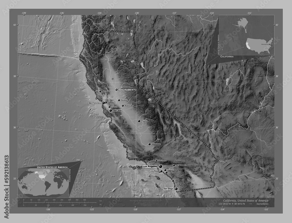 California, United States of America. Grayscale. Labelled points of ...