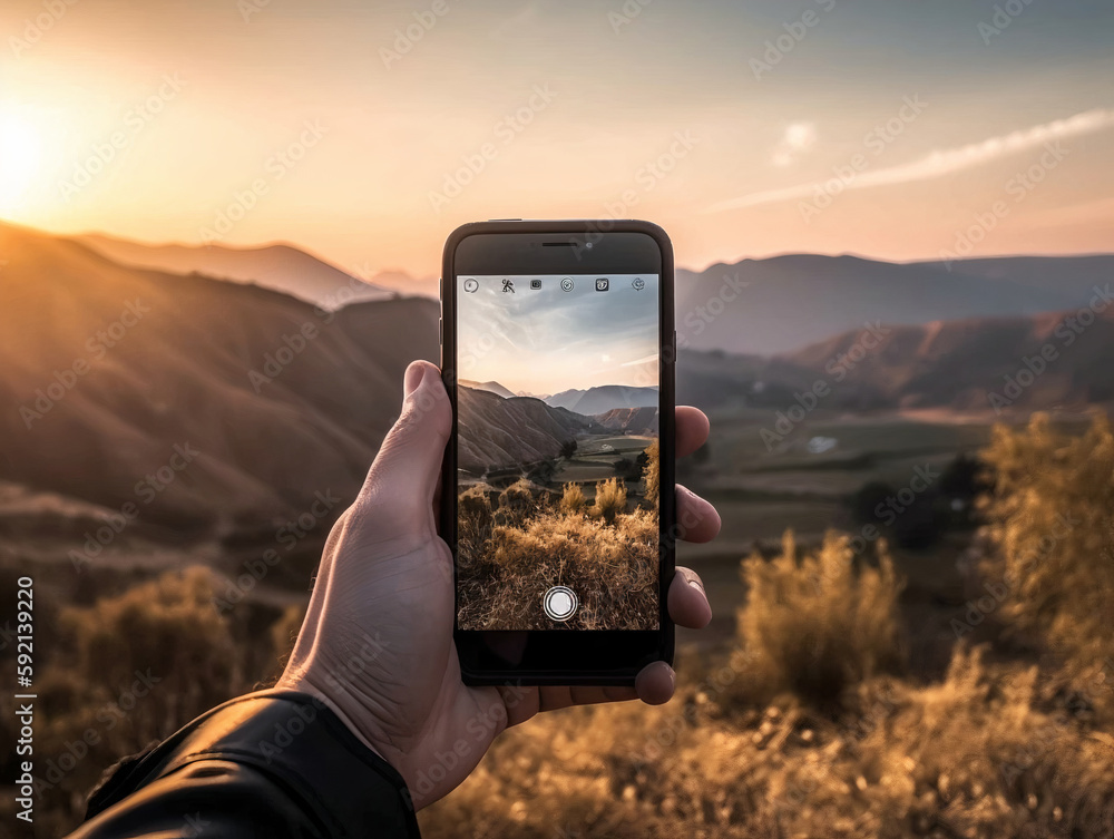 Person holding a smartphone and taking a photo of a scenic landscape ...
