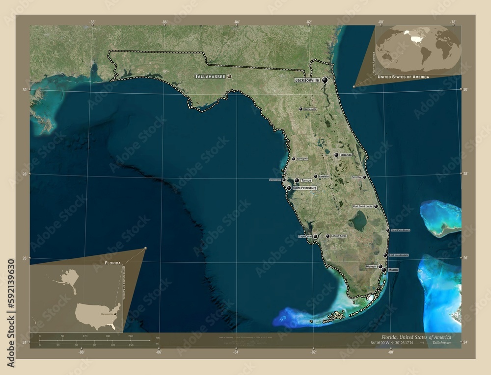 Florida, United States of America. High-res satellite. Labelled points ...