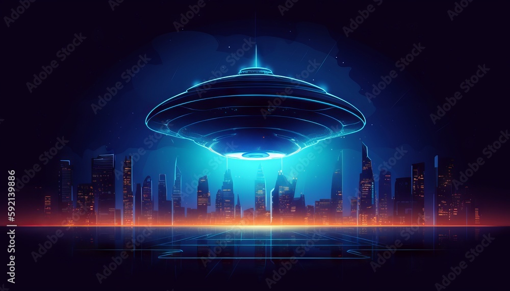 image of an illuminated UFO spaceship hovering over a dark city skyline ...