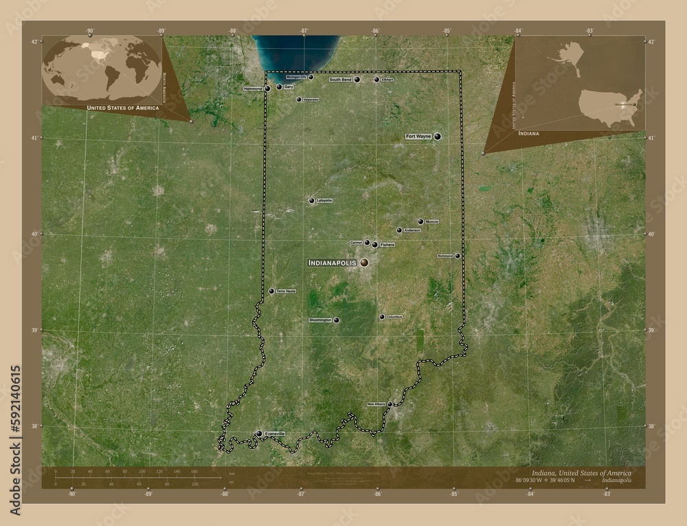 Indiana, United States of America. Low-res satellite. Labelled points ...