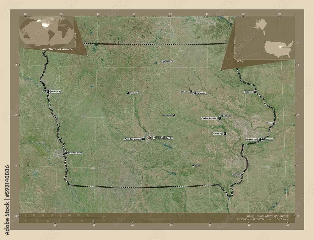 Iowa, United States of America. High-res satellite. Labelled points of ...
