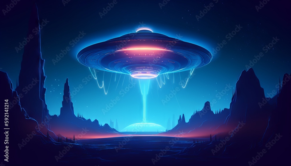 image of an illuminated UFO spaceship emerging from a portal in the sky ...