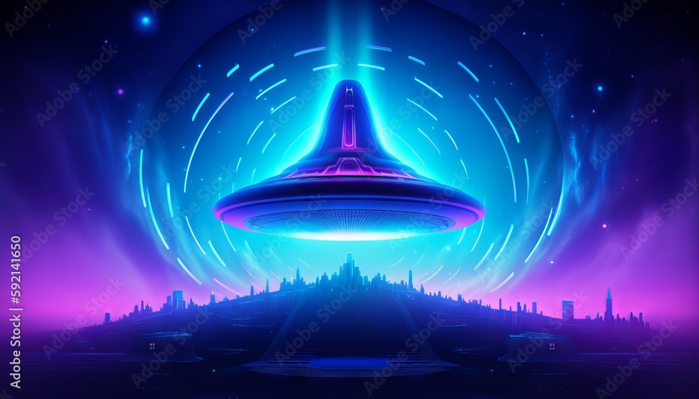 image of an illuminated UFO spaceship emerging from a portal in the sky ...