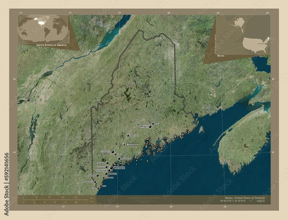 Maine, United States of America. High-res satellite. Labelled points of ...