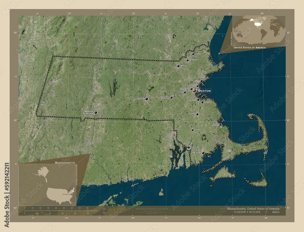 Massachusetts, United States of America. High-res satellite. Labelled ...