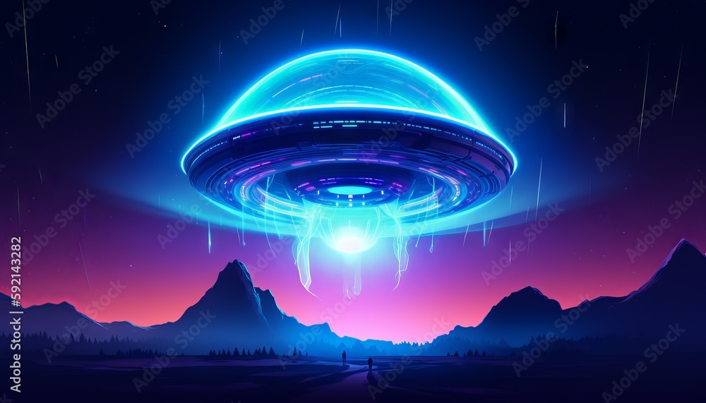 image of an illuminated UFO spaceship emerging from a portal in the sky ...