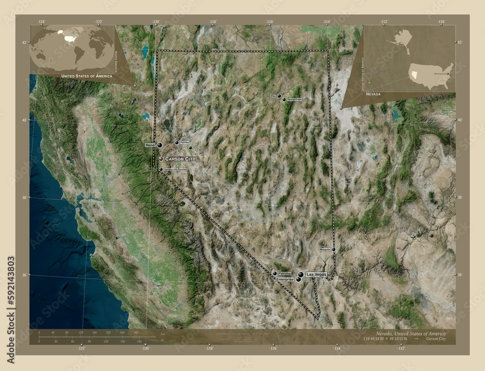Nevada, United States of America. High-res satellite. Labelled points ...