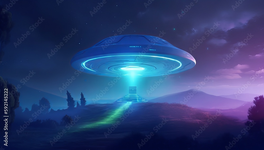 image of an illuminated UFO spaceship emerging from a portal in the sky ...