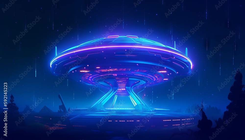 image of an illuminated UFO spaceship emerging from a portal in the sky ...