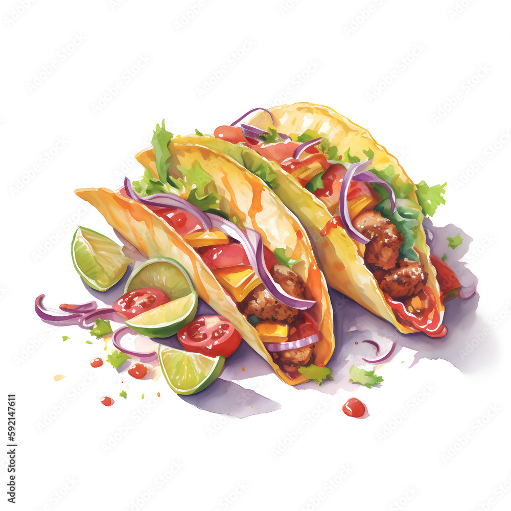 Watercolor illustration of tacos food, isolated on white background ...
