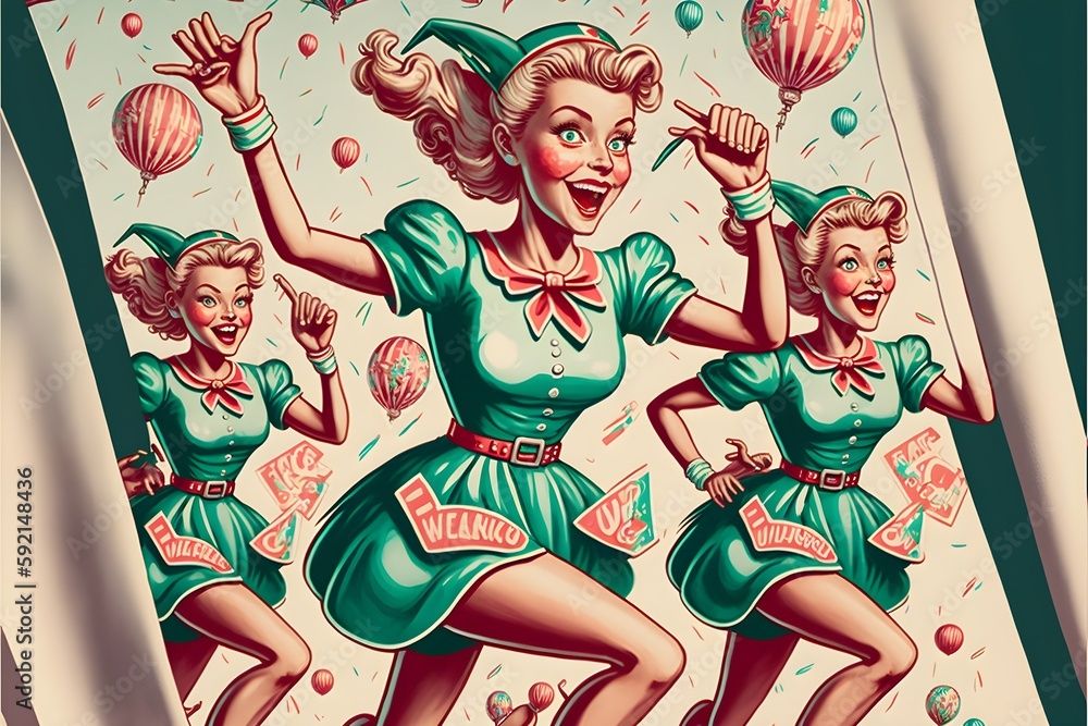 Futuristic christmas elves jumping around and dancing holding signs ...