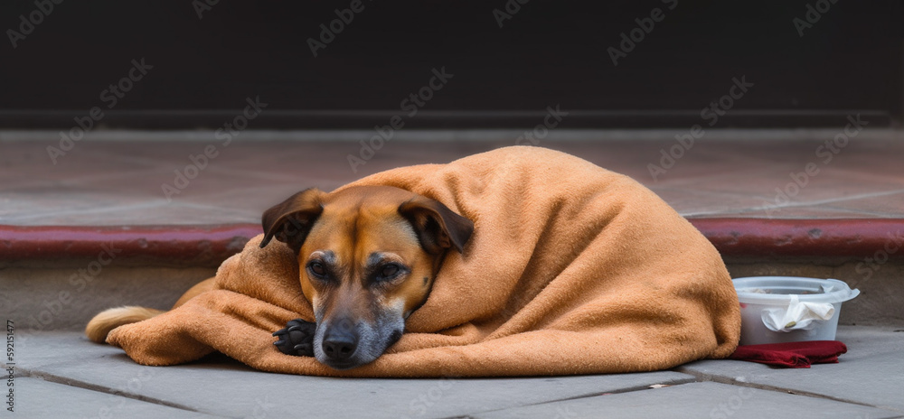 Homeless dog in blanket on city street. World day of homeless animals ...