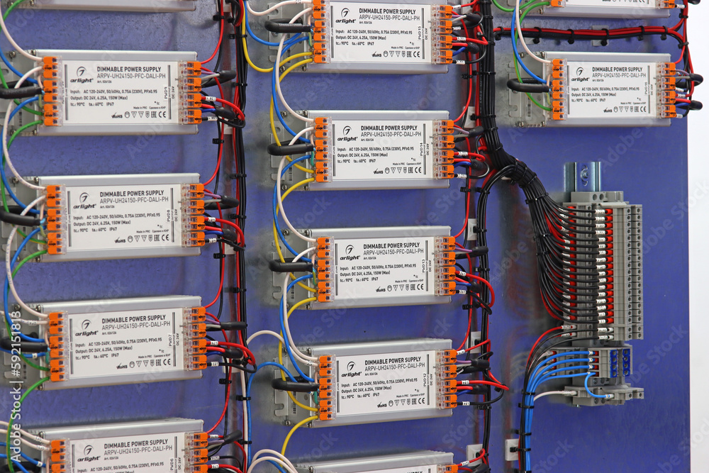 Metal panel with installed Arlight power supplies for dimming lighting ...