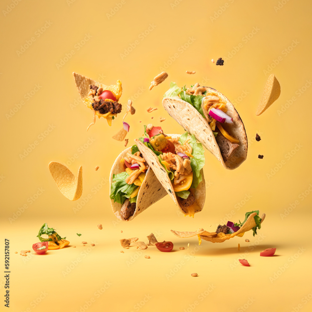 Delicious, juicy snacks, junk food like guilty pleasures, tacos filled ...