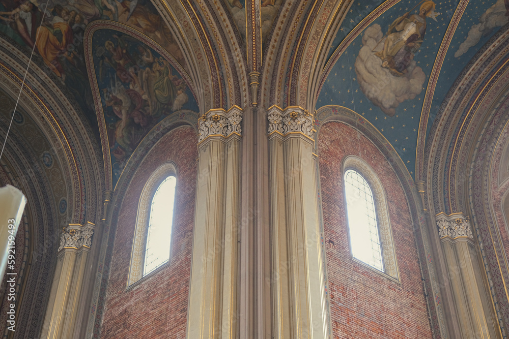 Monumental church building in Gothic in neo-romanesque arch style with ...