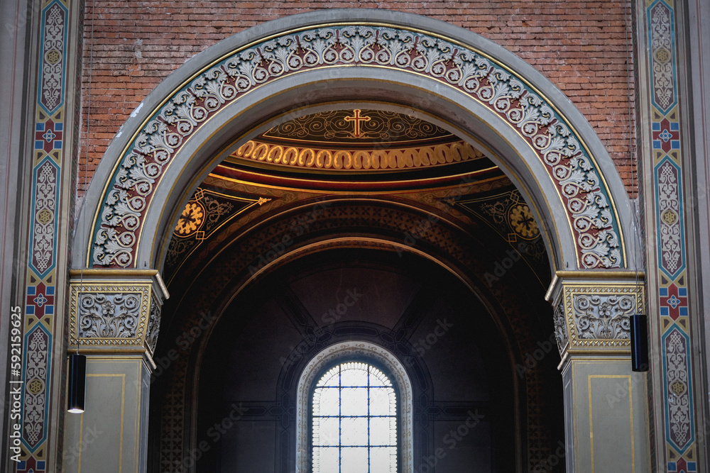 Monumental church building in Gothic in neo-romanesque arch style with ...