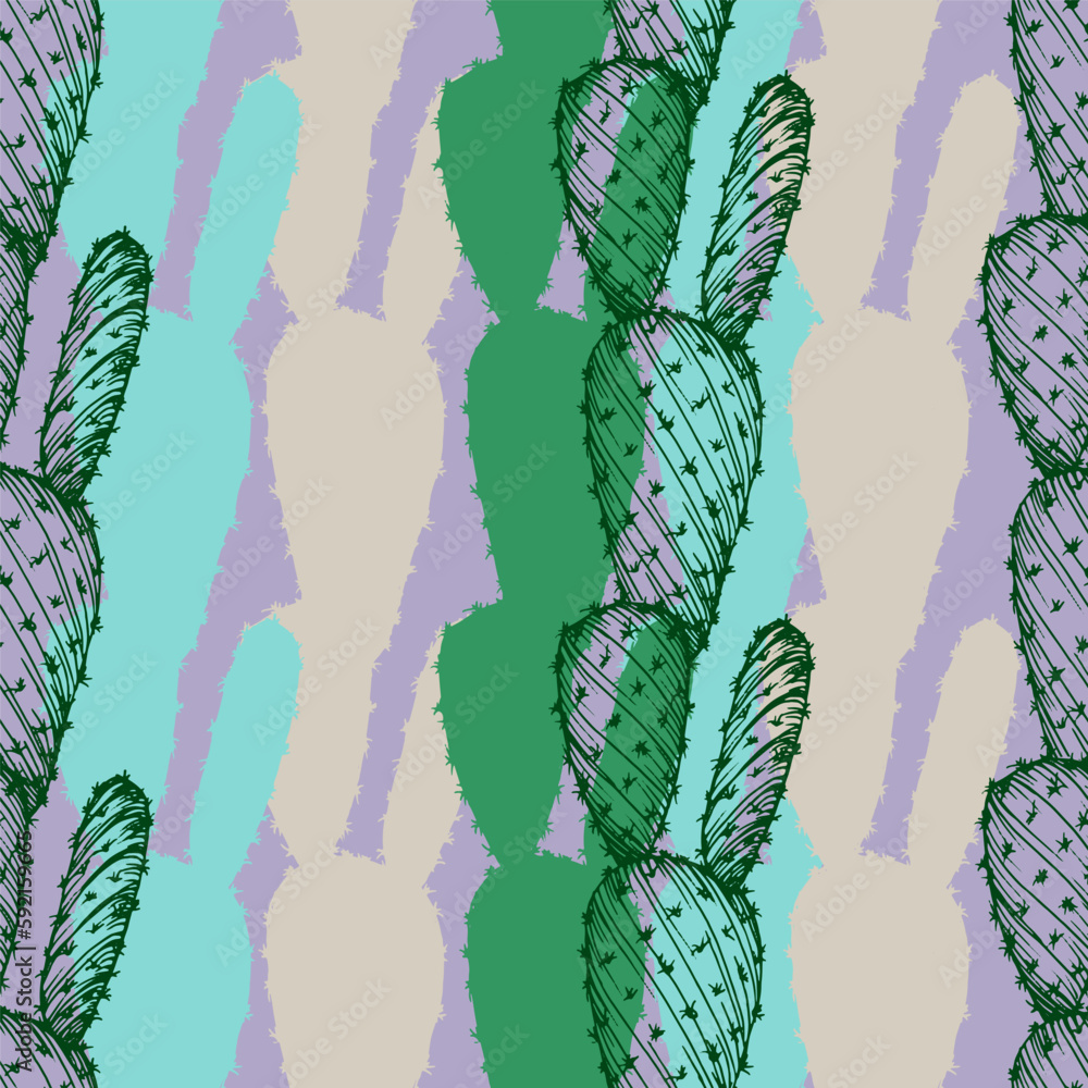 Vector seamless pattern with different cactus. Bright repeated texture with green cacti. Natural ...
