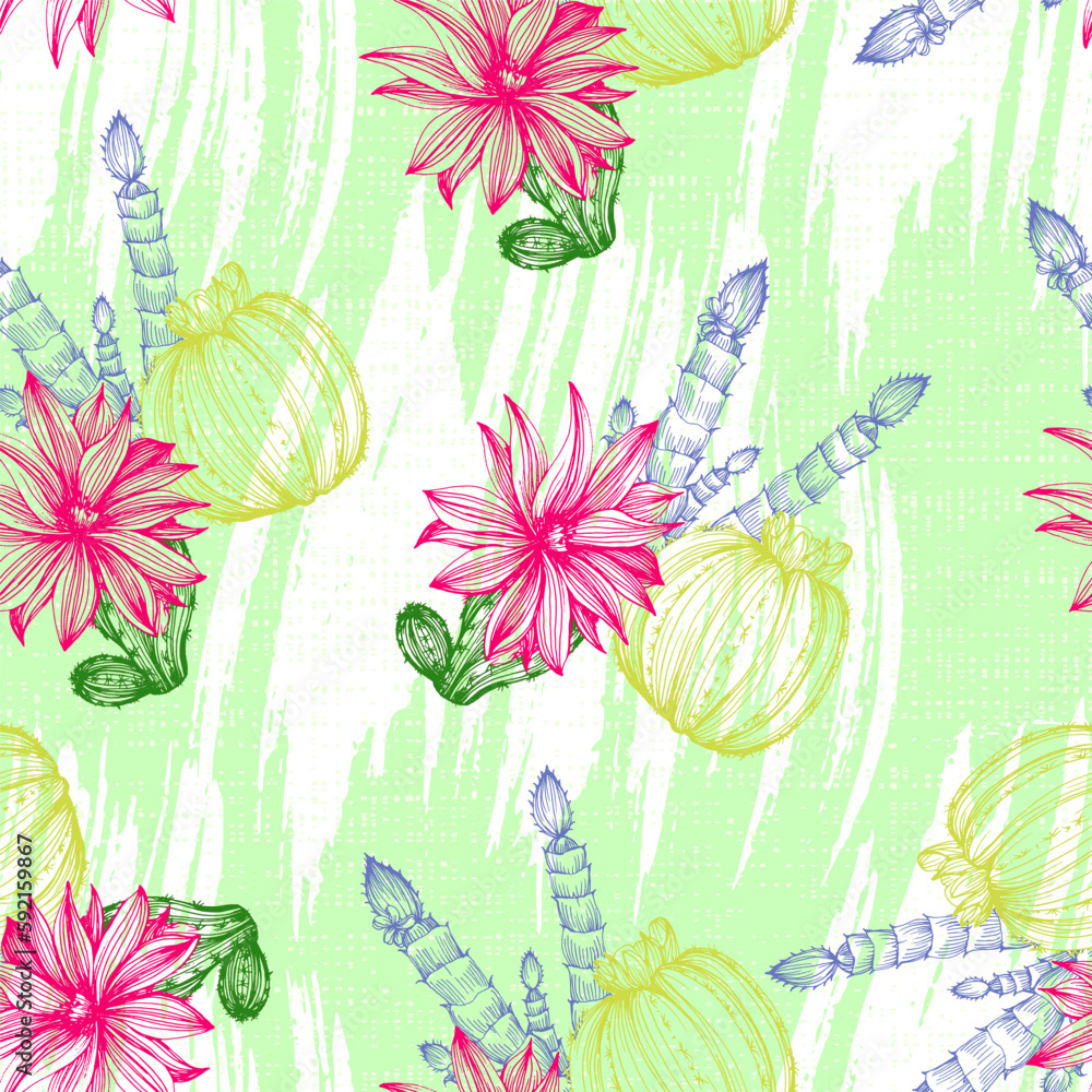 Vector seamless pattern with different cactus. Bright repeated texture ...